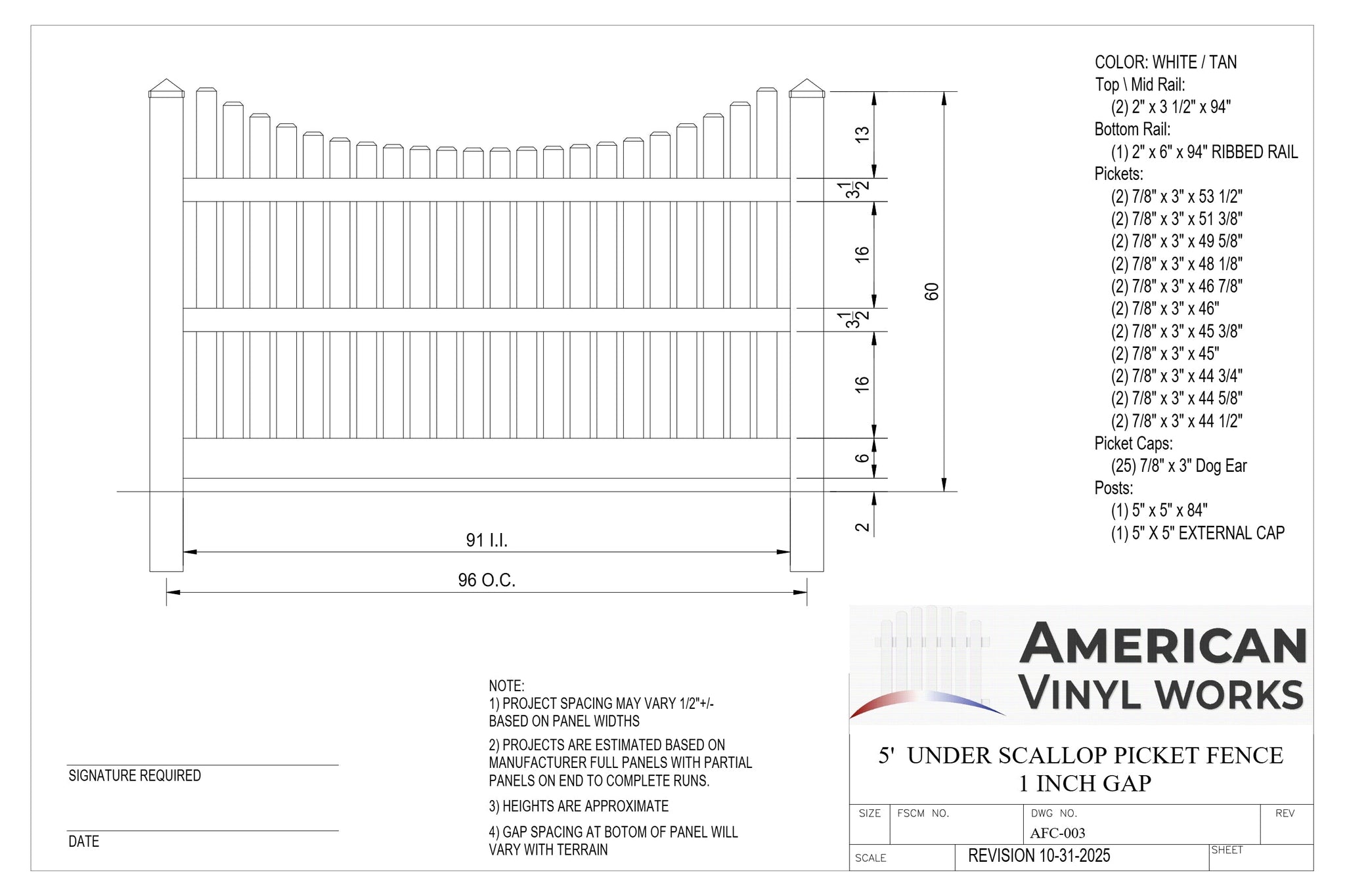 [50 Feet of Fence] 5' Tall Underscallop AFC-003 Vinyl Complete Fence P ...